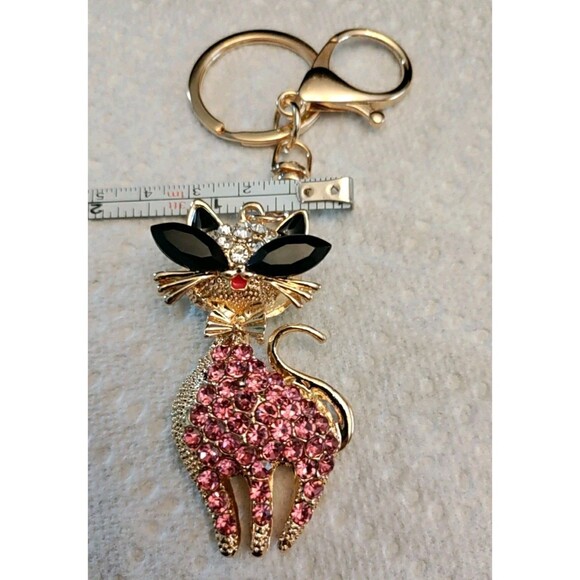 Unbranded | Accessories | Pink Gold Tone Rhinestone Funky Cat Bag Charm ...